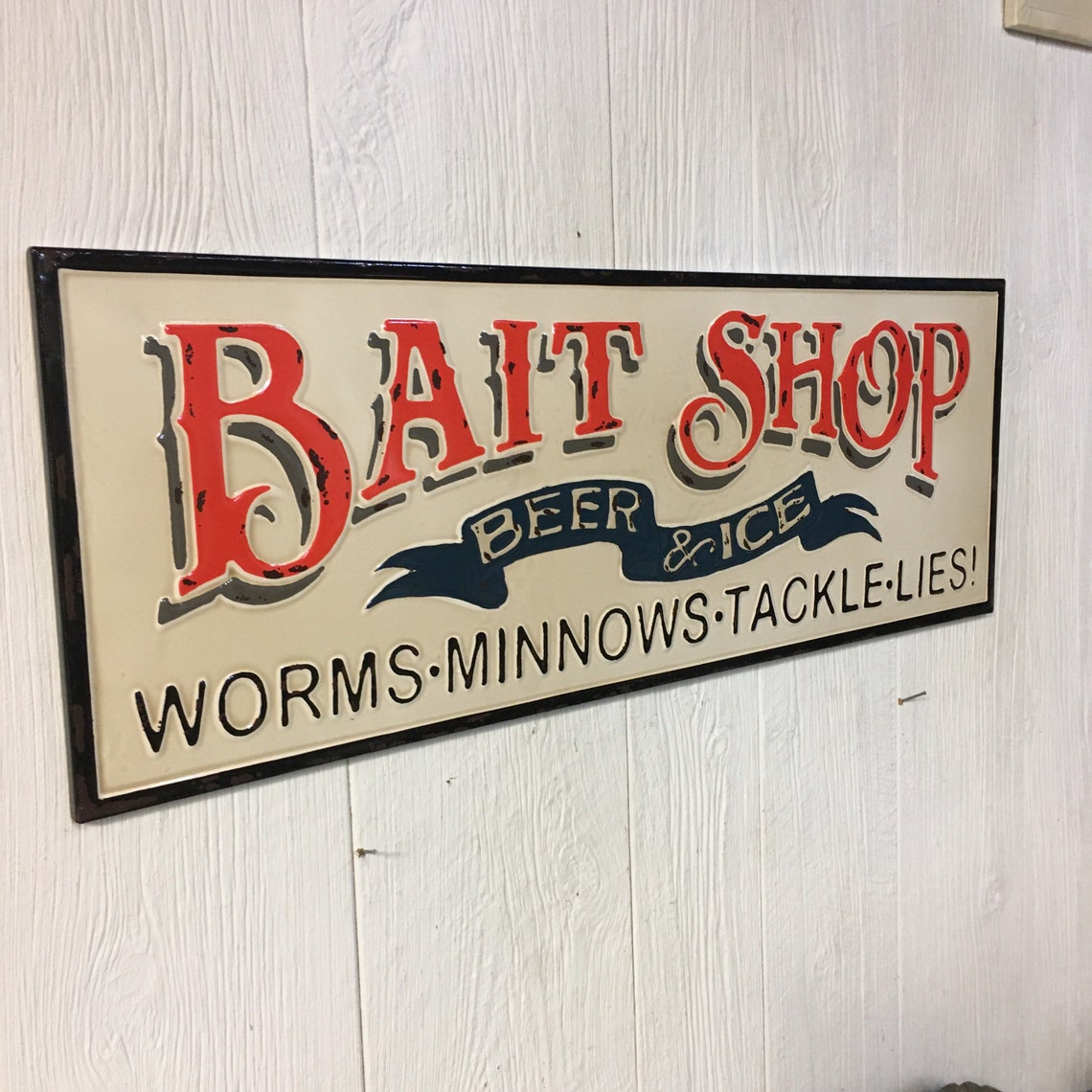 Large Metal Bait Shop Sign Beer Ice Tackle Minnows Rustic Worms Lake ...