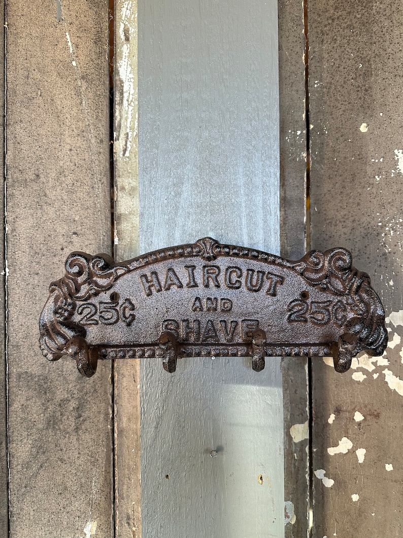 Antique Style Haircut & Shave Cast Iron Plaque Hanger Hooks Salon ...