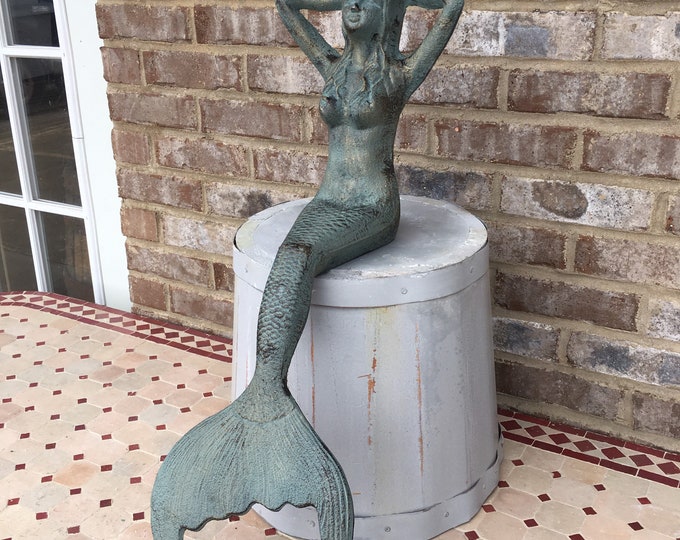 Large 25” Cast Iron Nautical Sitting Mermaid Statue Sitting Blue Beach ...
