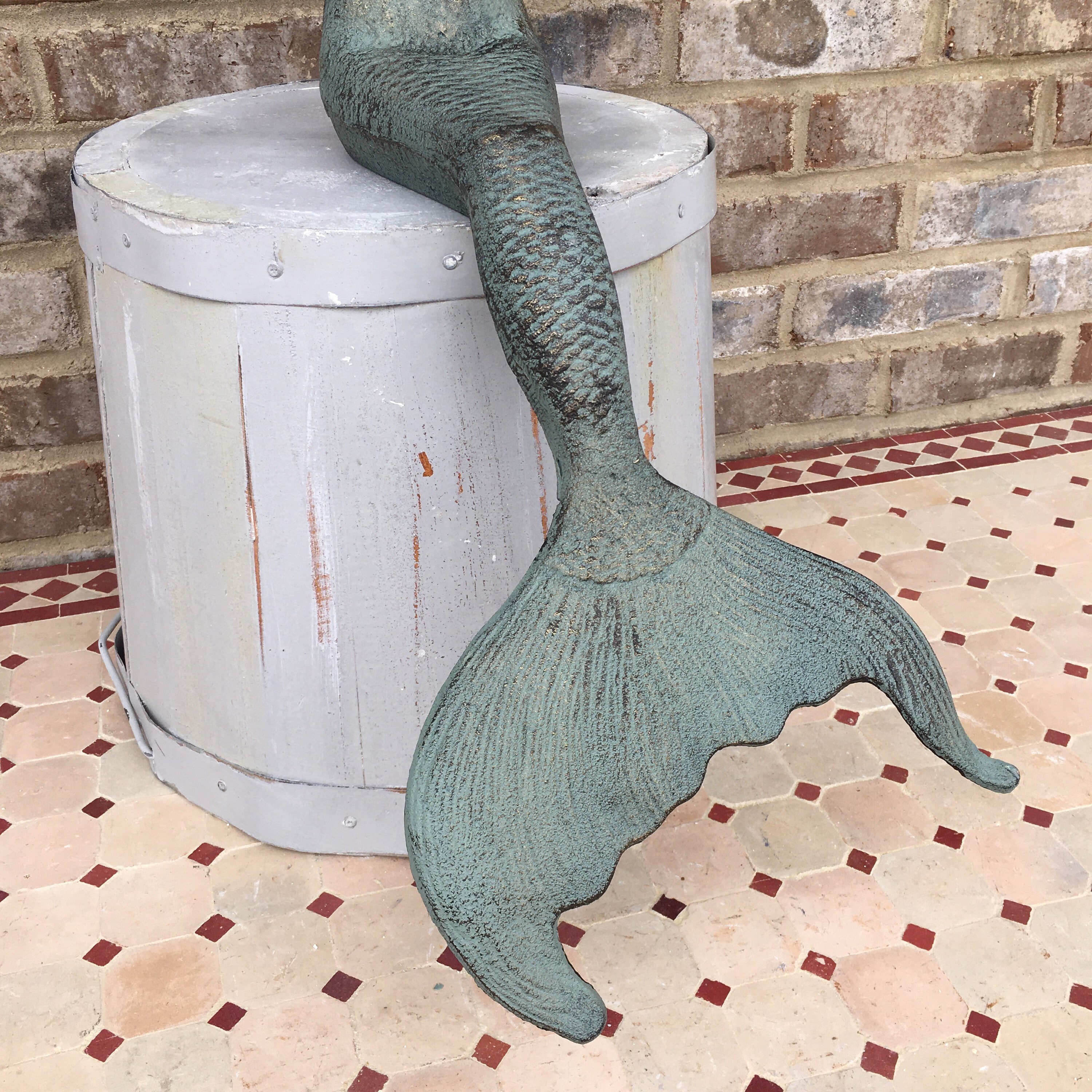 Large 25” Cast Iron Nautical Sitting Mermaid Statue Sitting Blue Beach ...