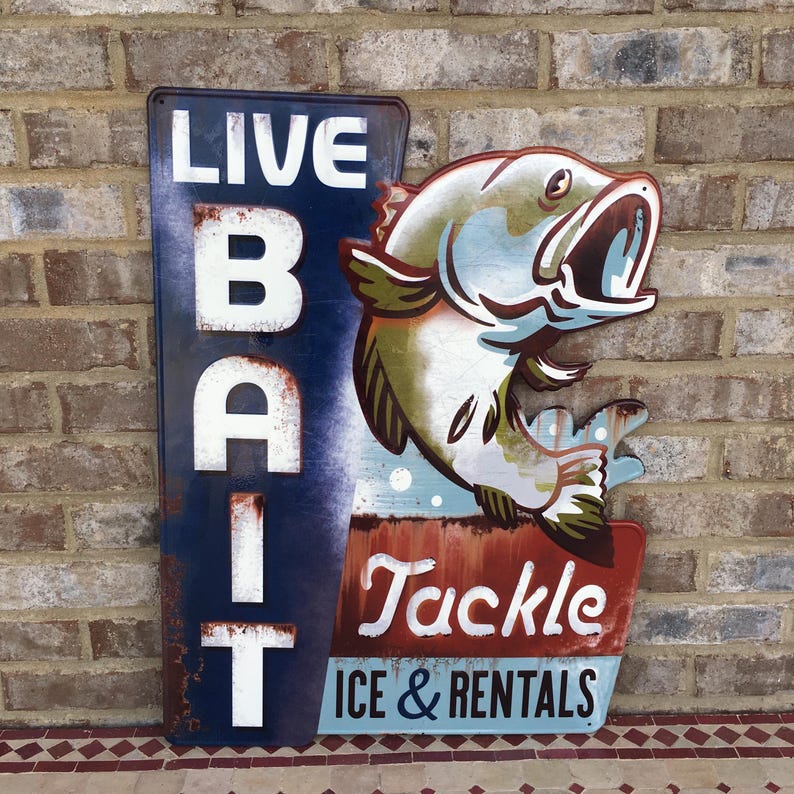 Live Bait Tackle Ice & Rentals Large Metal Sign Wall Art Largemouth ...