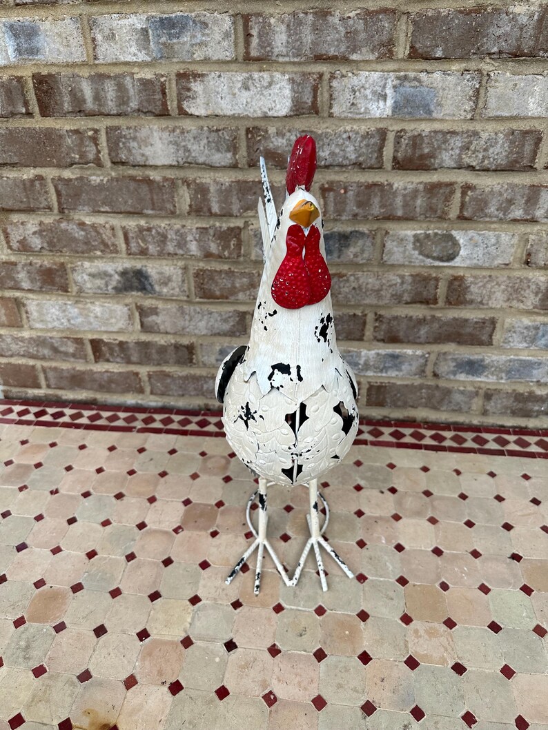 21” Large White Rustic Metal Chicken Statue Garden Yard Art Sculpture ...
