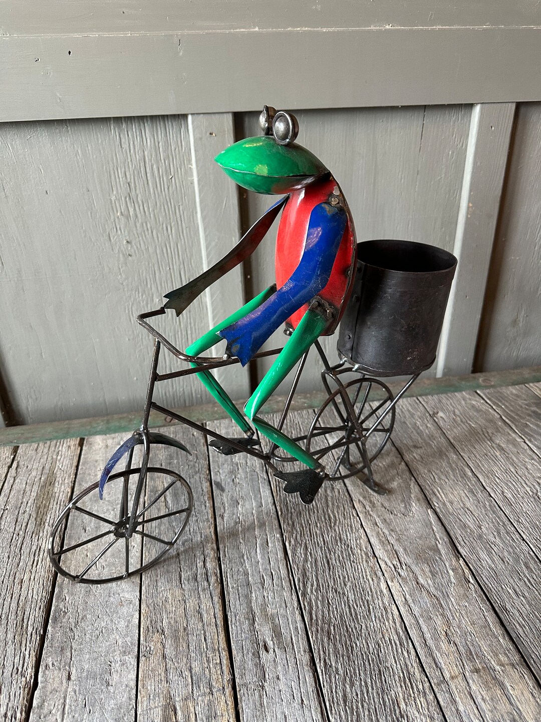 Rustic Metal Bicycle Frog Planter Statue Cute Sculpture Garden Yard Art ...