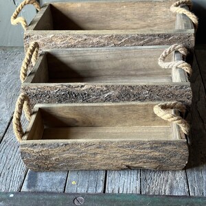 Set of 3 - Rustic Wooden Box W/ Live Edge Bark Rope Handles Cabin ...