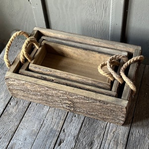Set of 3 - Rustic Wooden Box W/ Live Edge Bark Rope Handles Cabin ...
