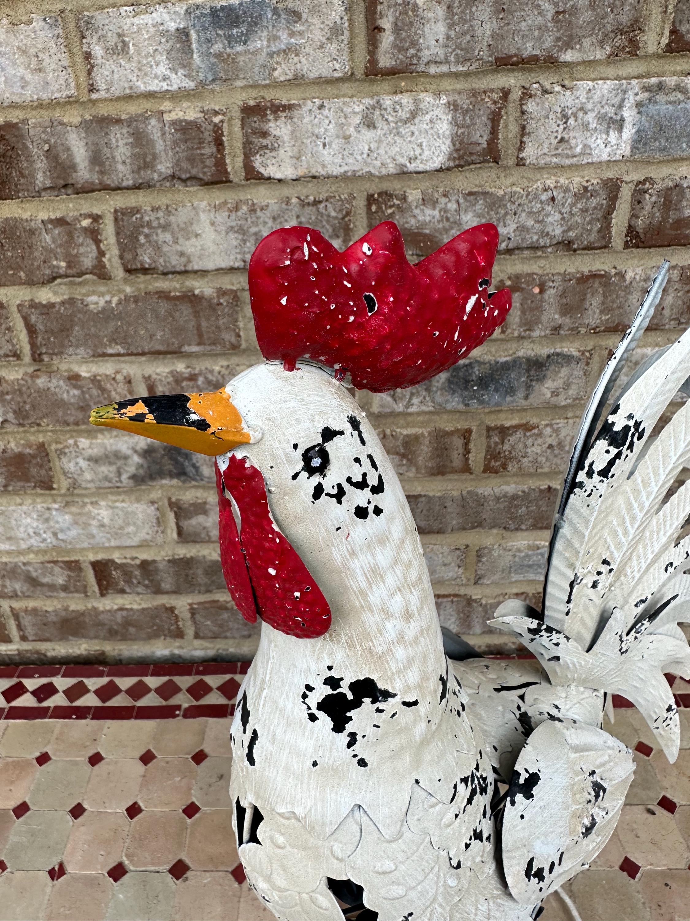 21” Large White Rustic Metal Chicken Statue Garden Yard Art Sculpture ...