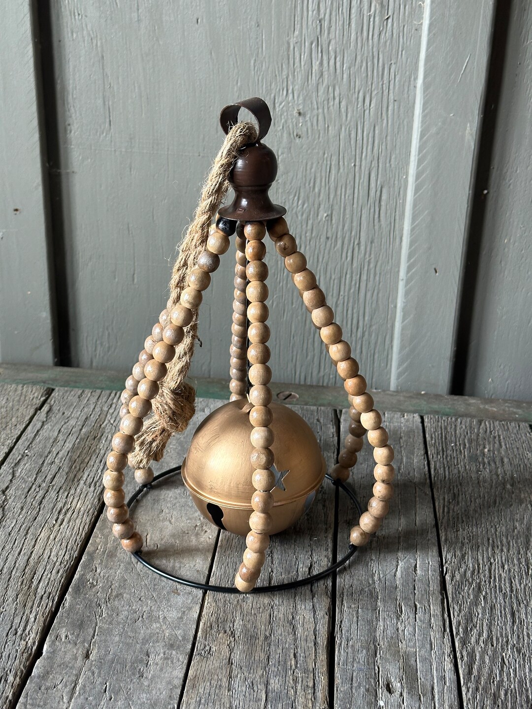 Hanging / Table Top Large Metal Bell W/ Wood Bead Accents Christmas ...
