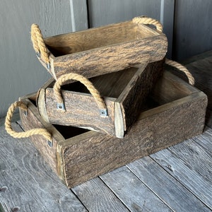 Set of 3 - Rustic Wooden Box W/ Live Edge Bark Rope Handles Cabin ...