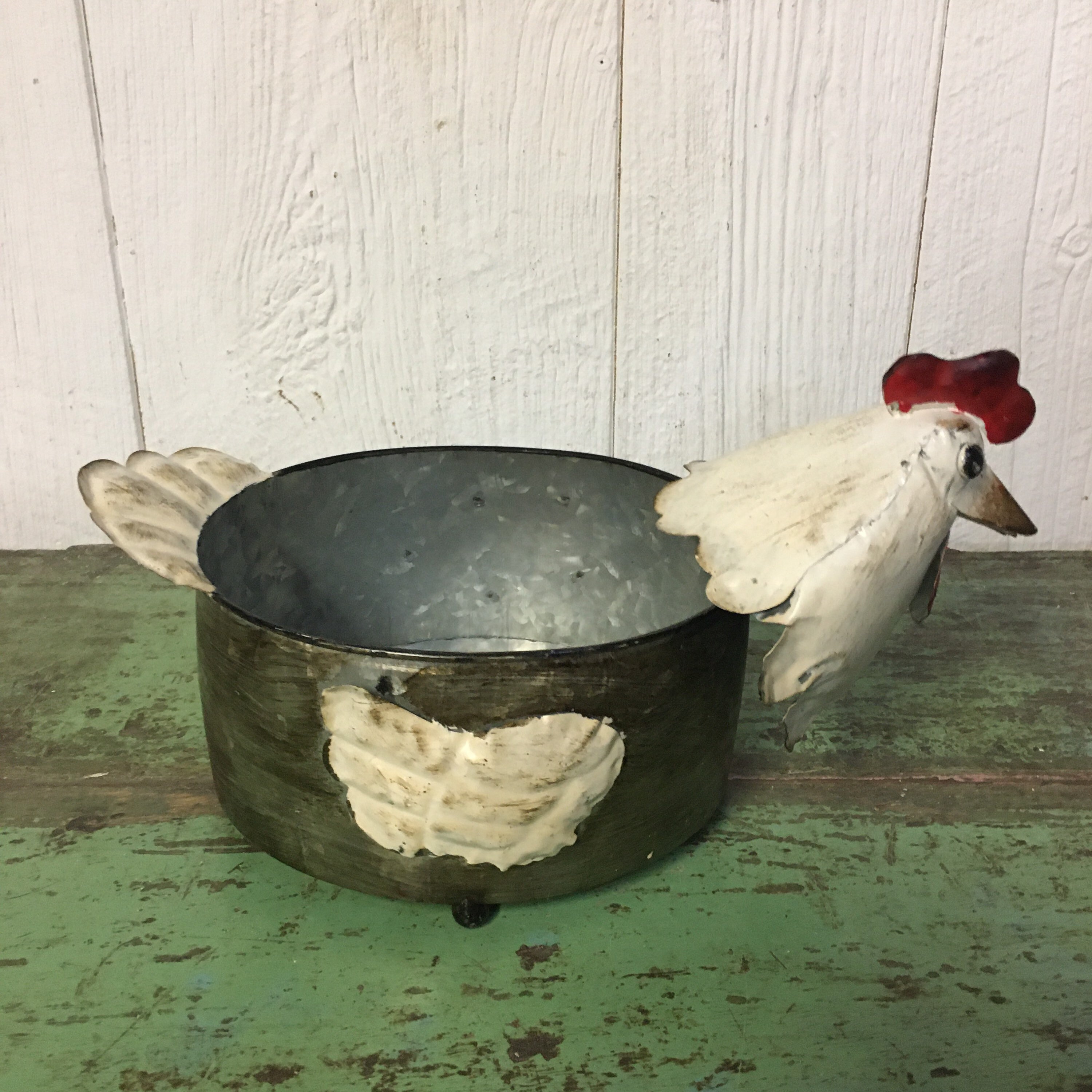 Cute Metal Chicken Hen Galvanized Planter Bucket Bowl Farmhouse Display ...