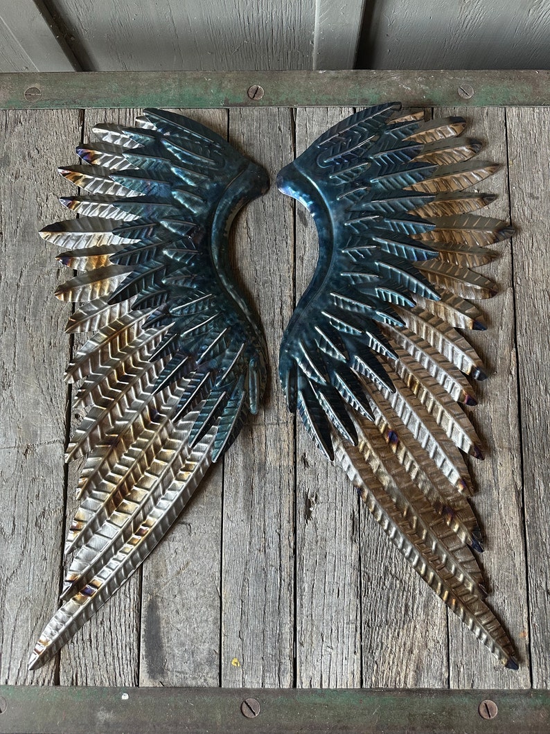 25” Set of Galvanized Metal Angel Wings Pair Rustic Hanging Wall Decor ...