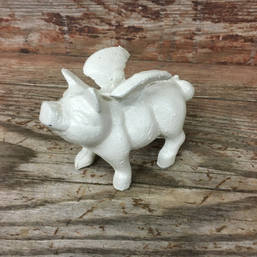Small 4” Cast Iron White Flying Pig Statue Figurine Shelf Art Creature ...