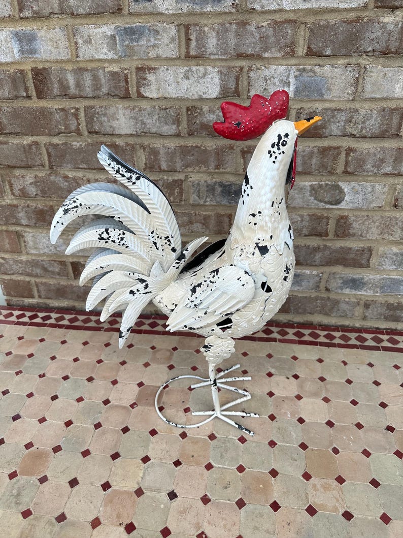 21” Large White Rustic Metal Chicken Statue Garden Yard Art Sculpture ...