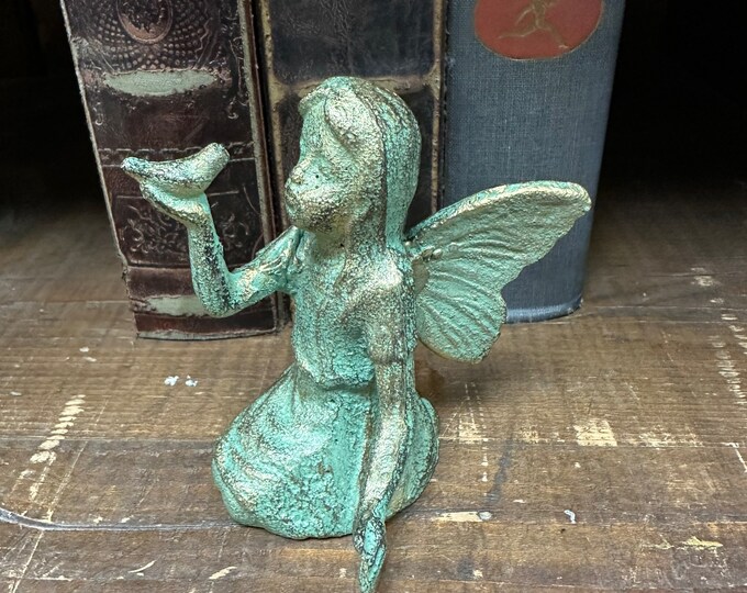 Small Cast Iron Fairy Holding Bird Statue Sculpture Shelf Art Pixie ...