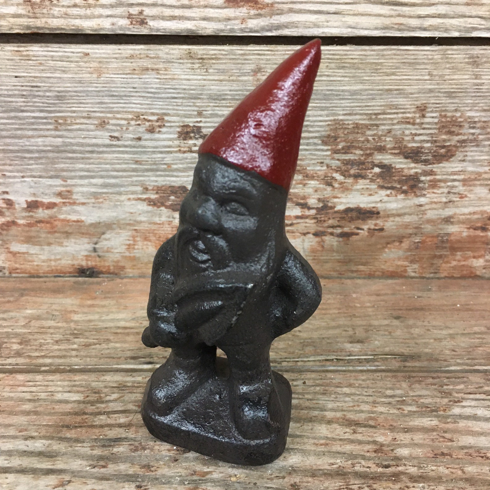 Cast Iron Gnome Statue Figurine Holding Spade Paperweight Red | Etsy