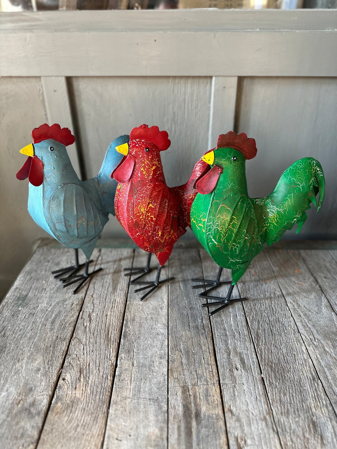 Large 14” Rustic Metal Rooster Statue - Chicken Chick Hen Statue Green ...