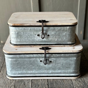Set of 2 - Wood & Galvanized Metal Boxes With Lids, Handles, and Latch ...