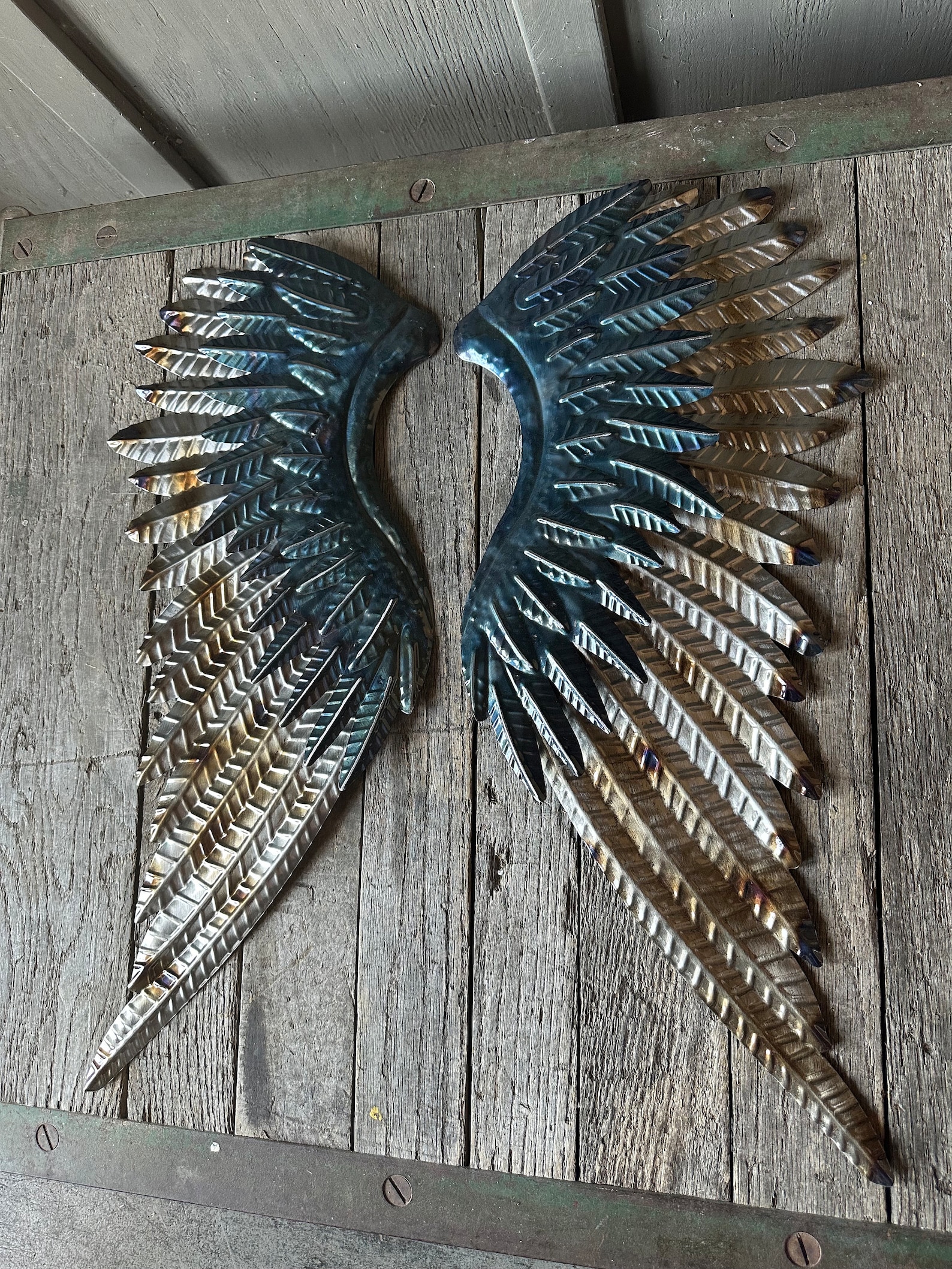 25” Set of Galvanized Metal Angel Wings Pair Rustic Hanging Wall Decor ...
