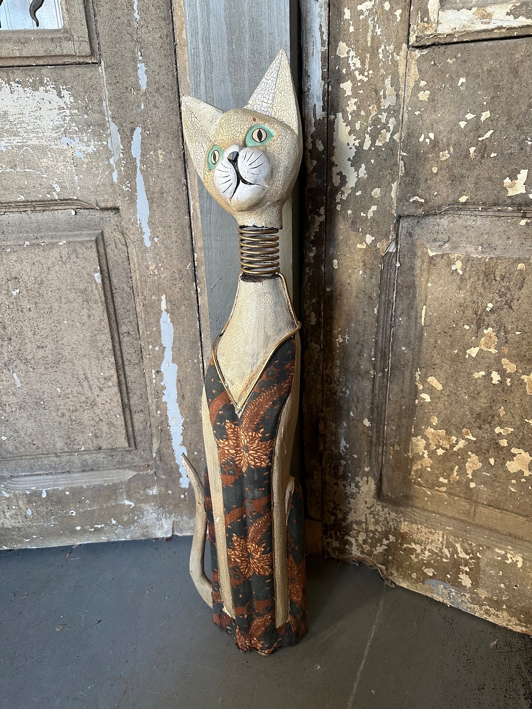 Vintage 34 Tall Carved Wooden Cat Statue Bobble Head Polecat Painted ...