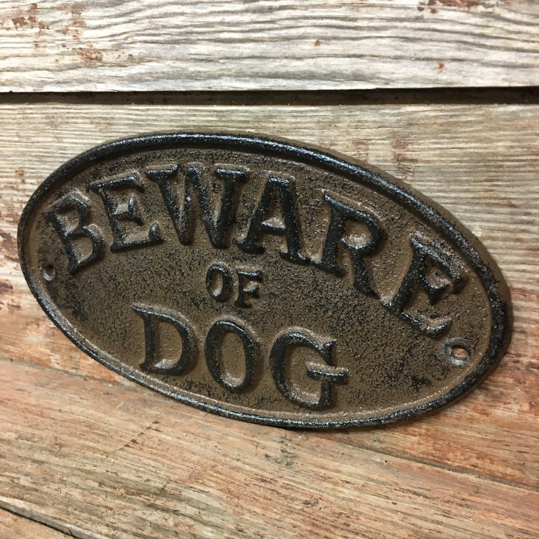 Cast Iron Beware of Dog Plaque Oval Rustic Gate Fence Door Warning Sign ...