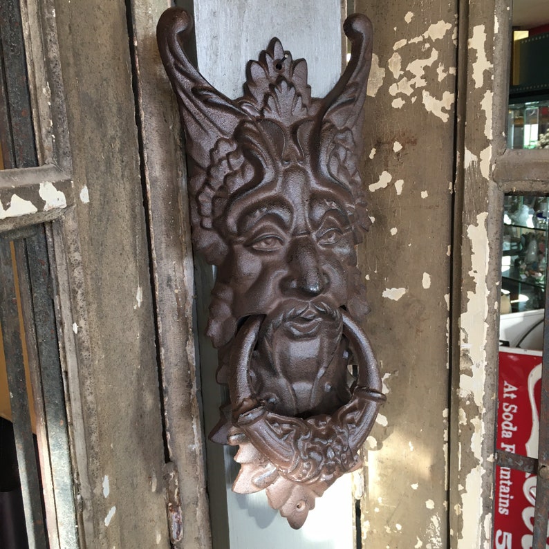 Large 20” Gothic Door Knocker Cast Iron Brown Leaf Man Celtic Metal ...