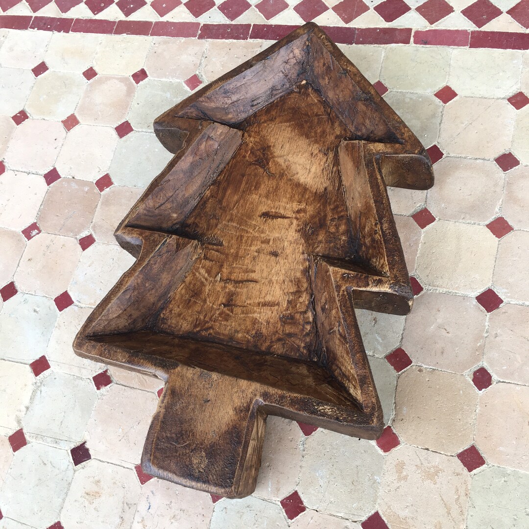 Hand-carved Wooden Christmas Tree Bowl Holiday Decor Display Farmhouse ...