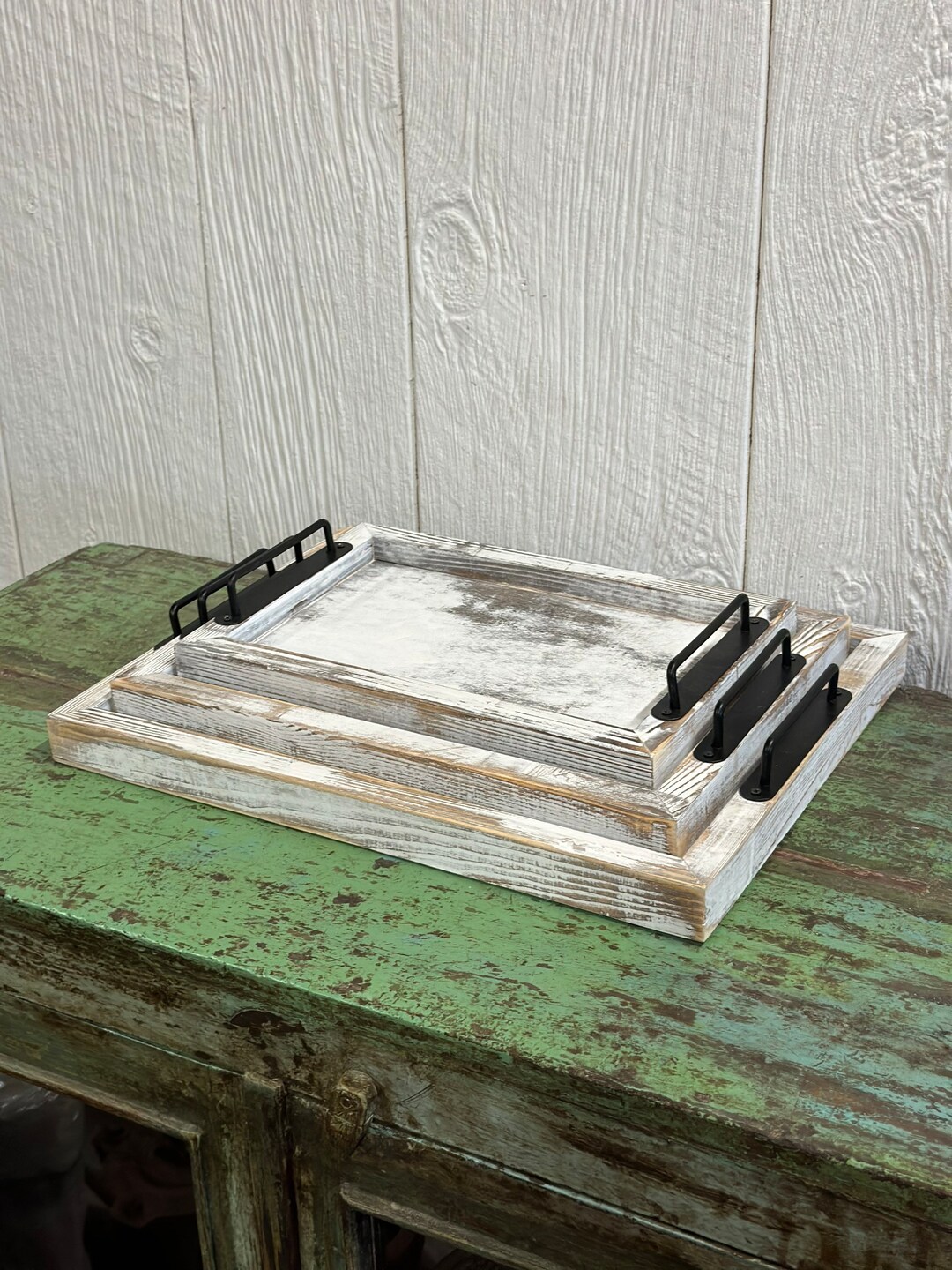 Set of 3 White-washed Wooden Decorative Trays W/ Metal Handles Rustic ...