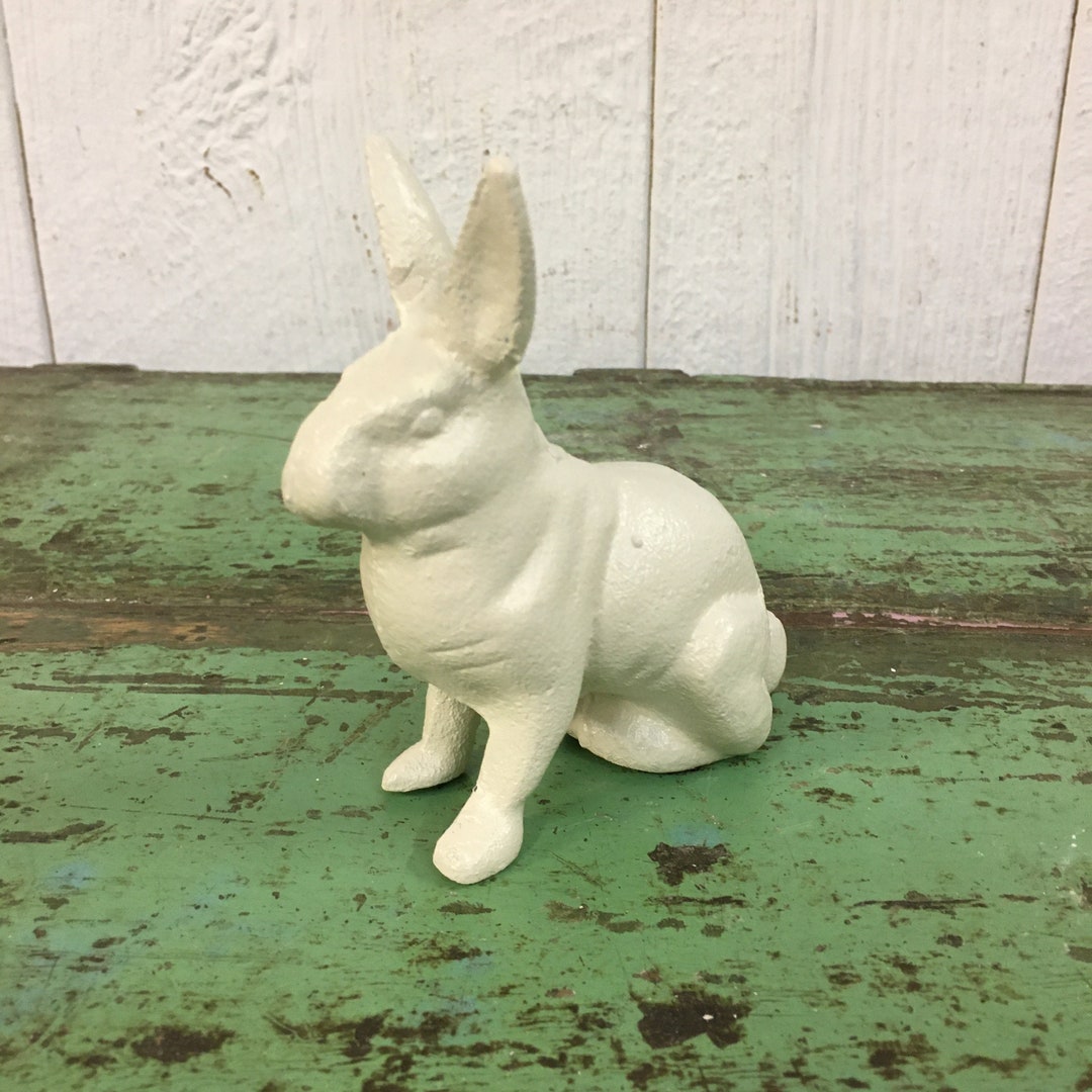 Small 4 1/2” Cast Iron White Rabbit Statue - Figurine Paperweight Art ...