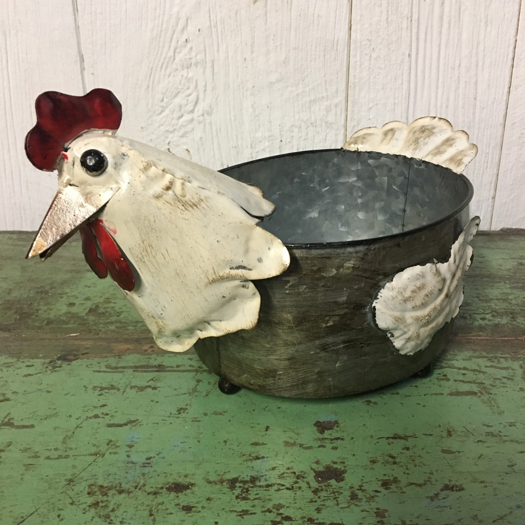 Cute Metal Chicken Hen Galvanized Planter Bucket Bowl Farmhouse Display ...