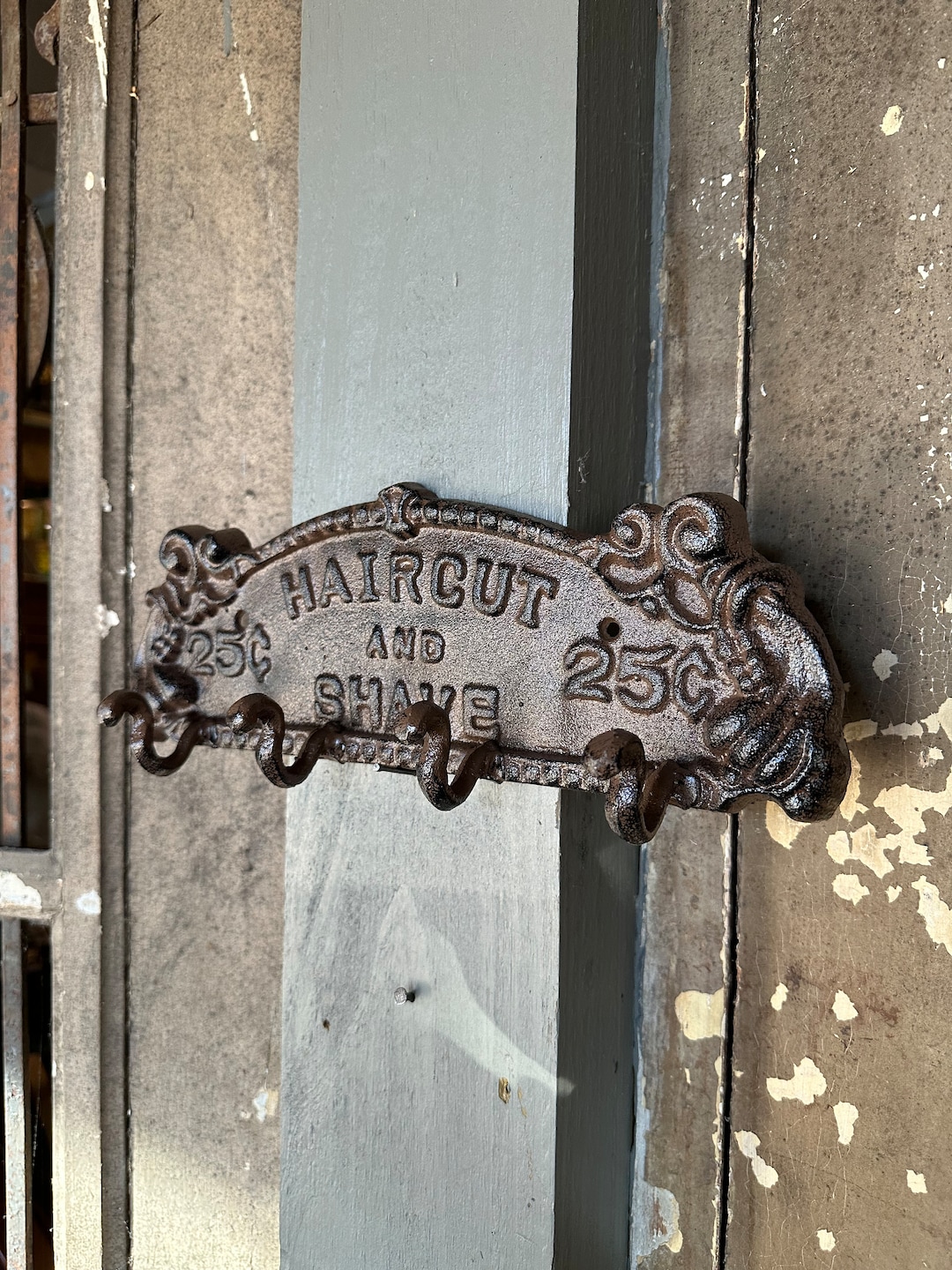 Antique Style Haircut & Shave Cast Iron Plaque Hanger Hooks Salon ...