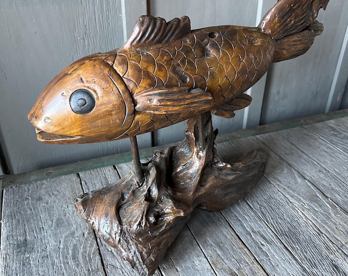 Large Hand-carved Teak Wood Fish Statue Ocean Lake Nautical Sculpture ...