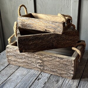 Set of 3 - Rustic Wooden Box W/ Live Edge Bark Rope Handles Cabin ...