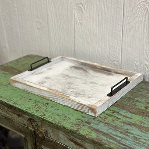 Set of 3 White-washed Wooden Decorative Trays W/ Metal Handles Rustic ...