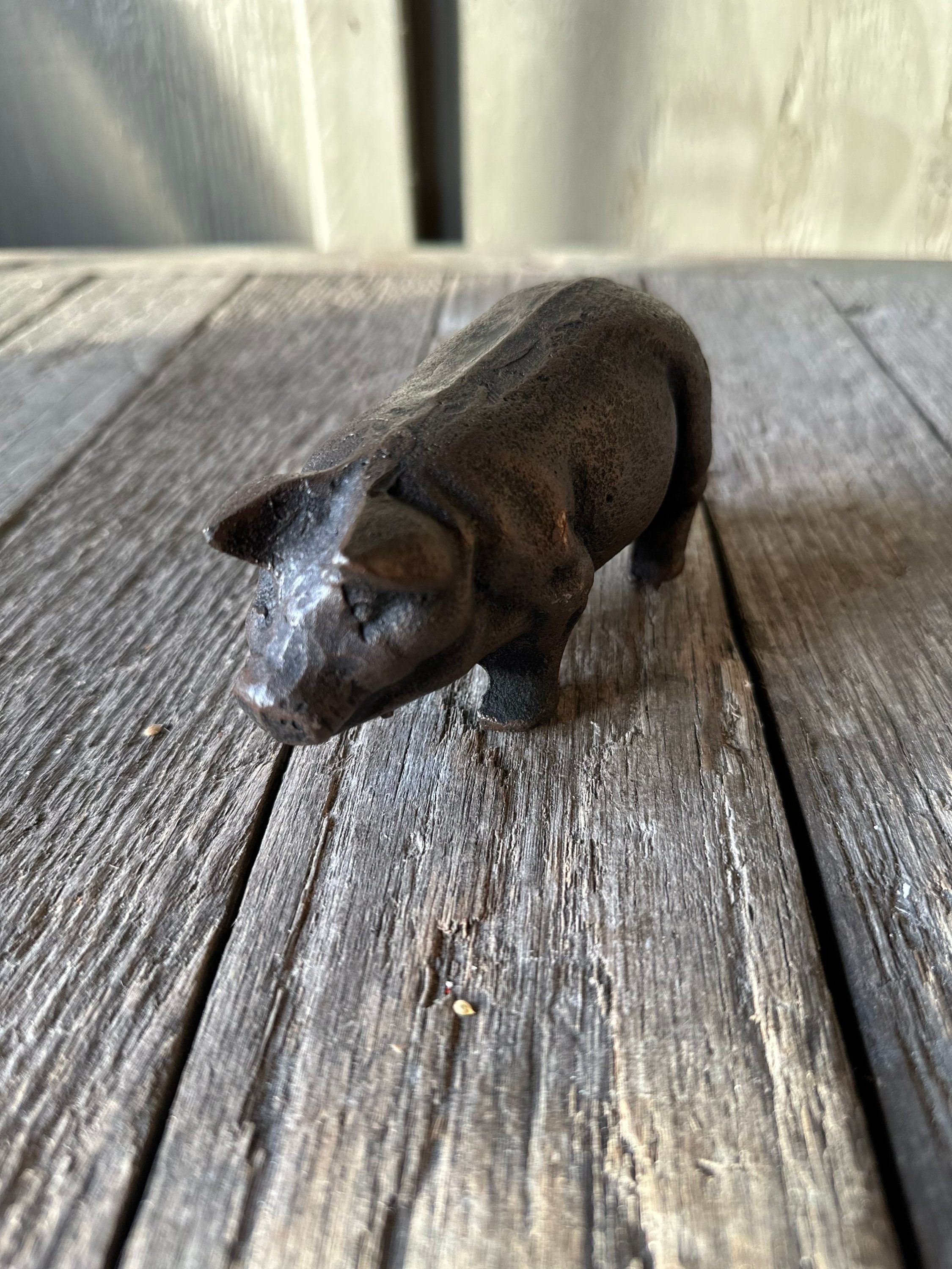Small 5” Cast Iron Pig Statue - Figurine Paperweight Art Figure Hog ...