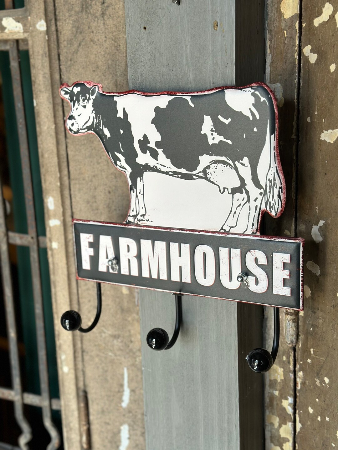 Farmhouse Dairy Cow Metal Sign Three Hook Wall Wall Hanger Keys Coat ...