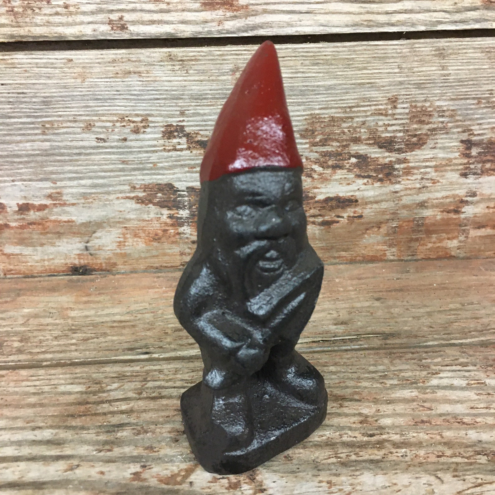 Cast Iron Gnome Statue Figurine Holding Spade Paperweight Red | Etsy