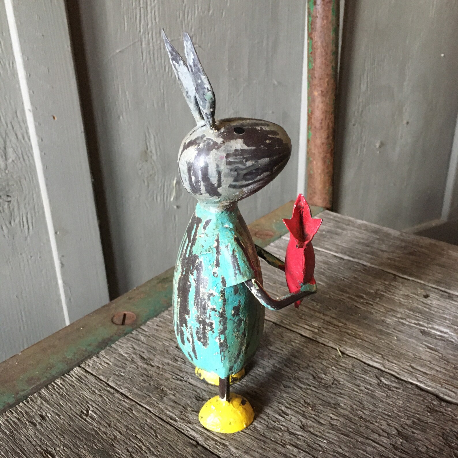 Cute Small Hand Painted Metal Bunny Rabbit Holding Carrot Statue ...