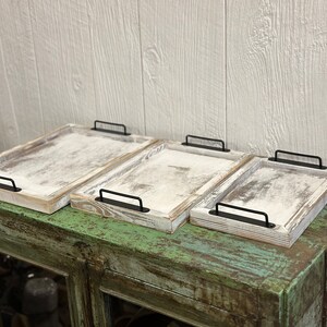 Set of 3 White-washed Wooden Decorative Trays W/ Metal Handles Rustic ...