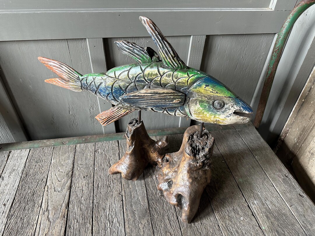 Large Hand-carved Wooden Fish Statue Sculpture Rustic Chic Art Beach ...