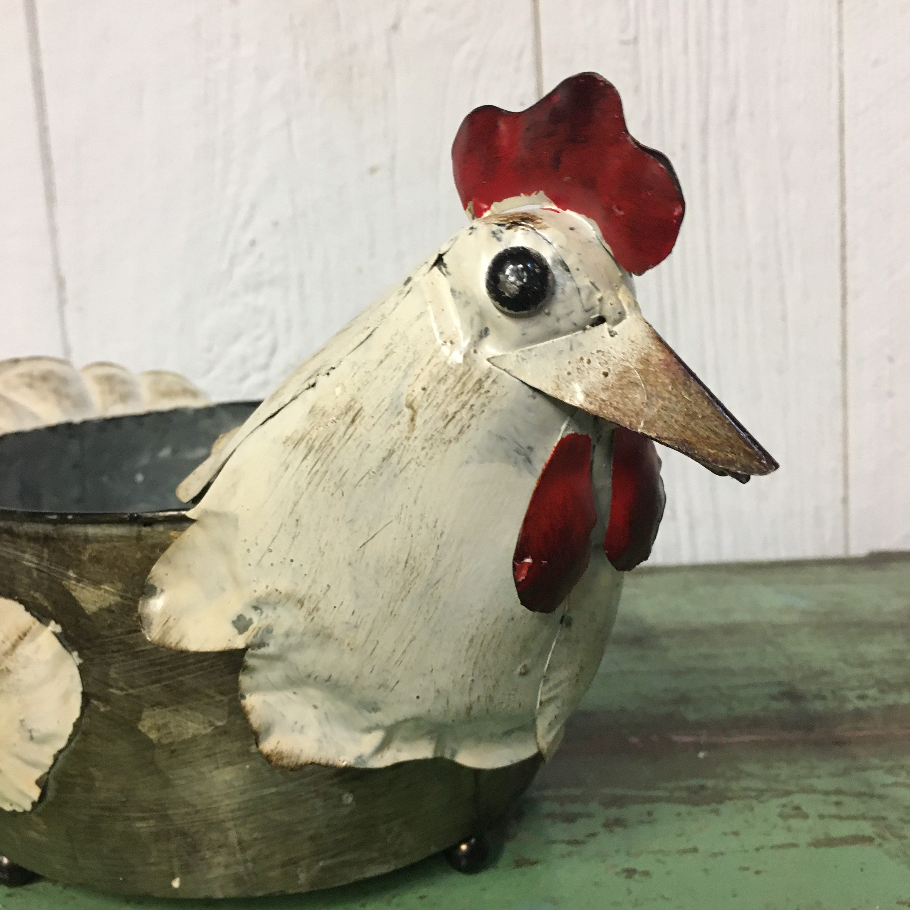 Cute Metal Chicken Hen Galvanized Planter Bucket Bowl Farmhouse Display ...
