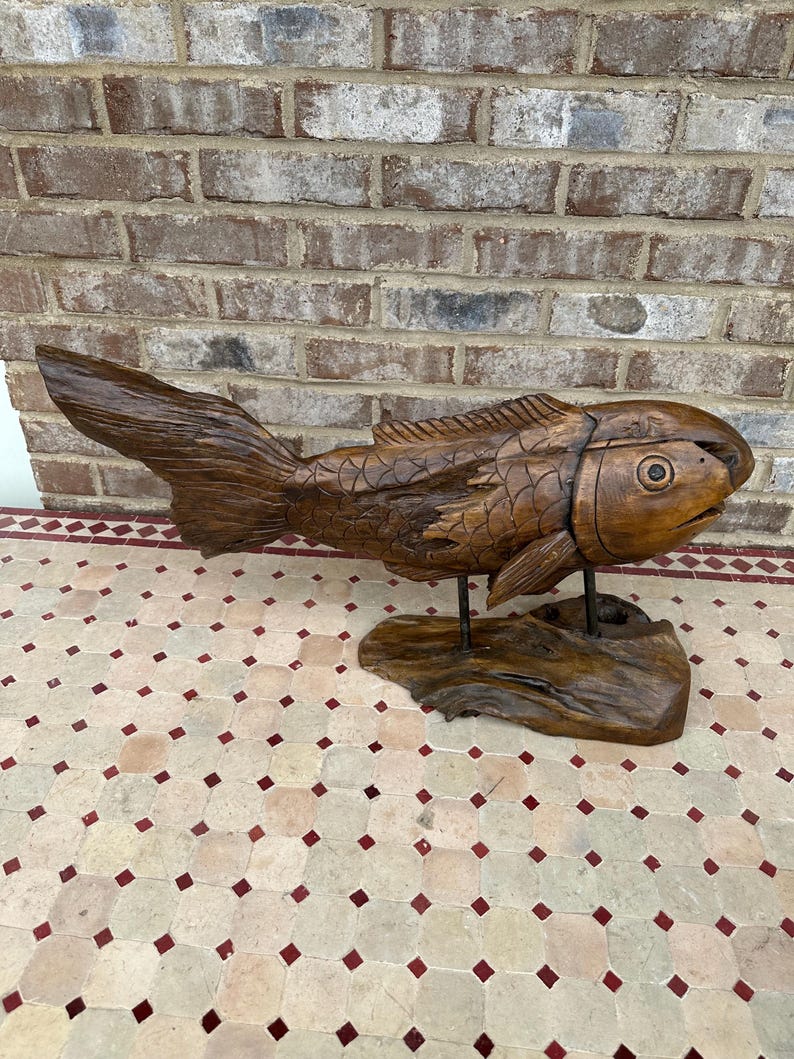 Large Hand-carved Teak Wood Fish Statue Ocean Lake Nautical Sculpture ...