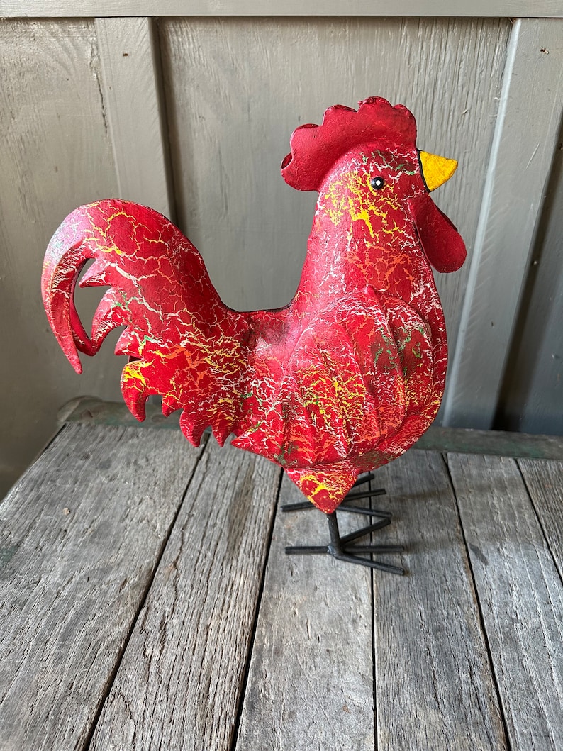 Large 14” Rustic Metal Rooster Statue - Chicken Chick Hen Statue Green ...