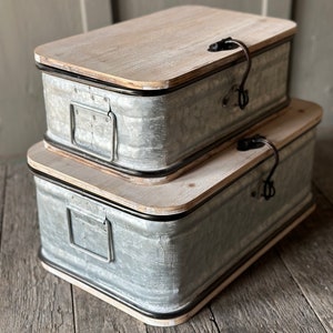 Set of 2 - Wood & Galvanized Metal Boxes With Lids, Handles, and Latch ...
