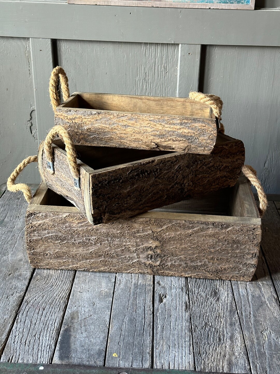 Set of 3 - Rustic Wooden Box W/ Live Edge Bark Rope Handles Cabin ...