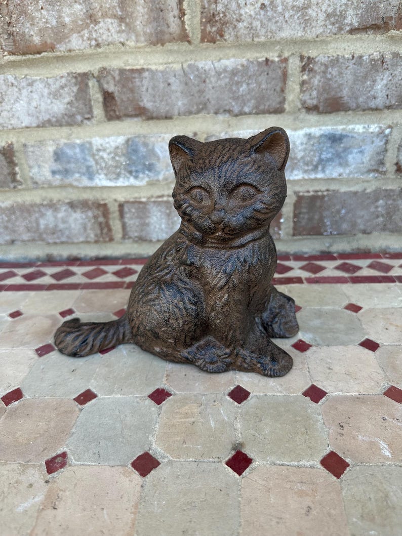 Large Heavy Cast Iron Cat Statue Door Stop Sculpture Art Piece Kitten ...