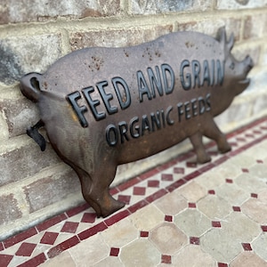 Vintage Style Metal Feed & Grain Organic Feeds Pig Sign Antique ...