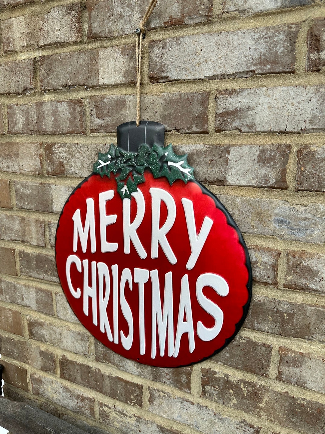 Large 14” Hanging Red Metal Merry Christmas Sign Door Hanger Decoration ...