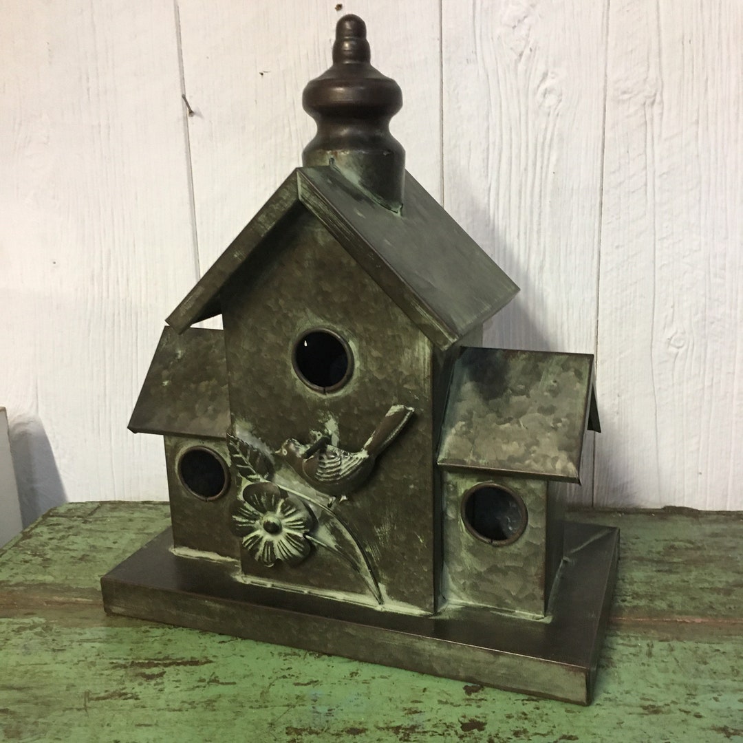 Cute Metal Bird House W/ Bird & Flower Motif Rustic 3 Hole Faux Green ...