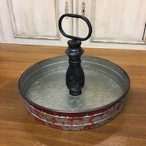 Rustic Round Galvanized Metal Tray W/ Center Handle Farmhouse Display ...