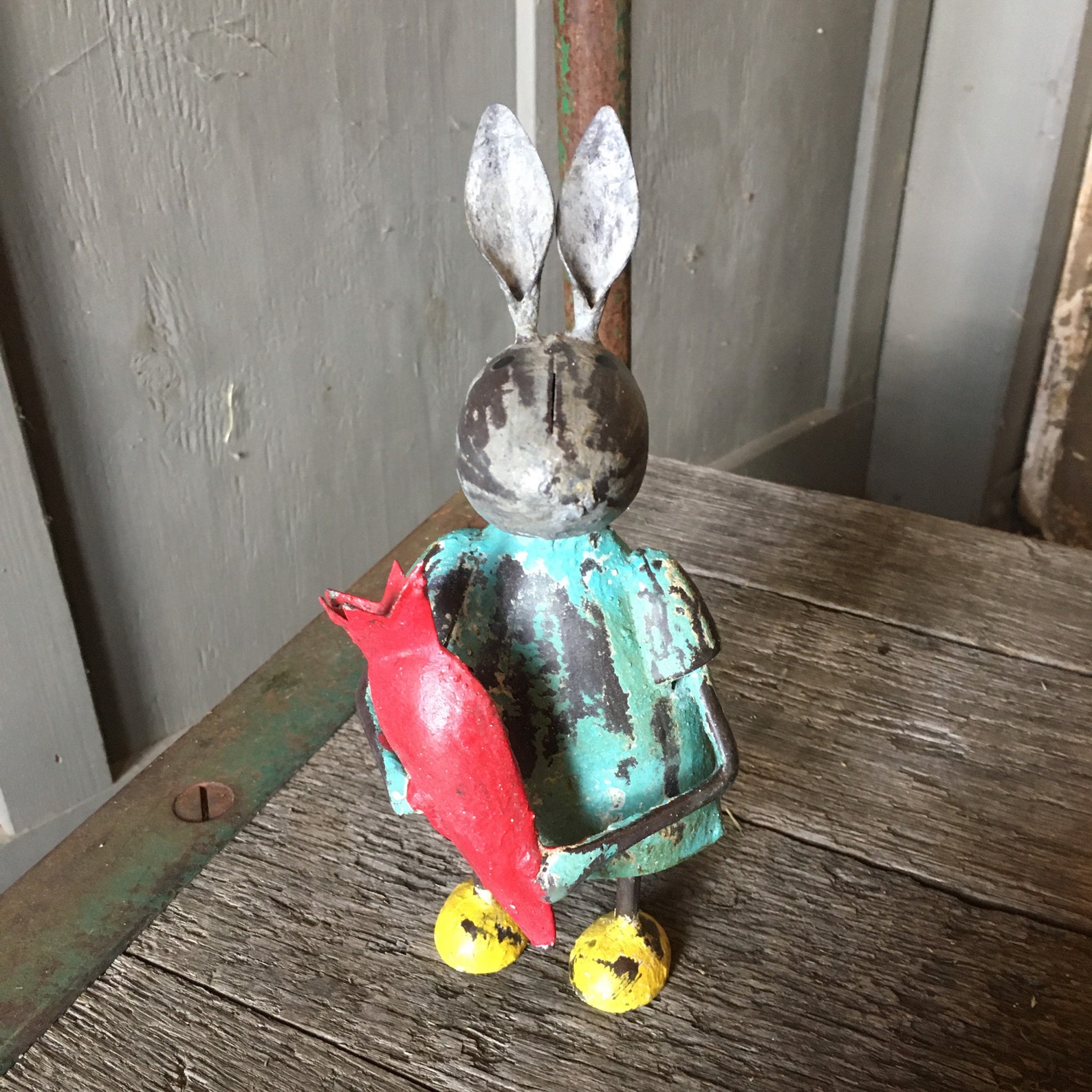 Cute Small Hand Painted Metal Bunny Rabbit Holding Carrot Statue ...