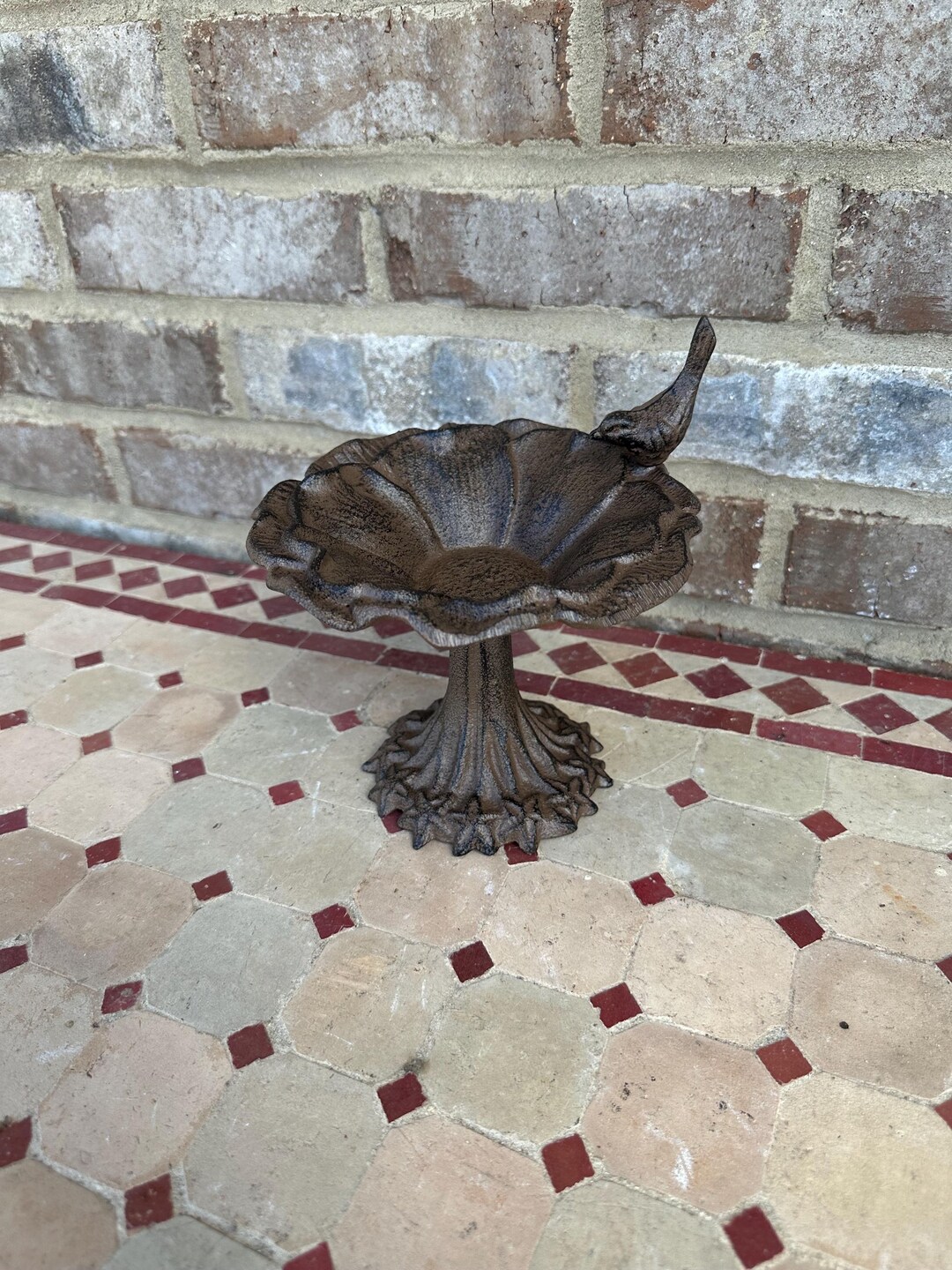 Cute Small Cast Iron Bird Feeder Bowl With Bird Rustic Garden Lawn Art ...